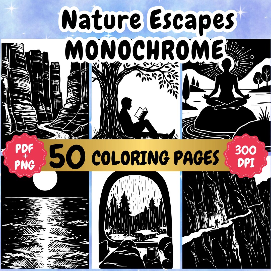 Monochrome Coloring Pages: One Color Nature Escapes (PDF, PNG Download ...