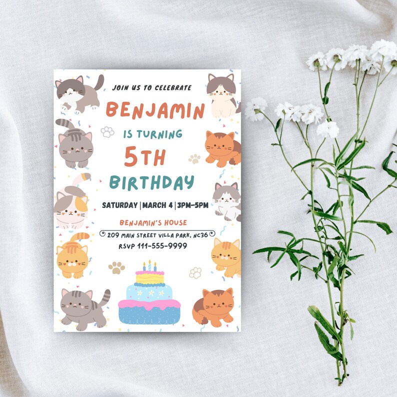 Editable Kitten Birthday Invite, Cute Cat Themed Party Invitation ...
