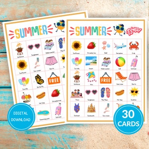 30 Summer Bingo Cards, Summer Vacation Game, Printable Bingo Game ...