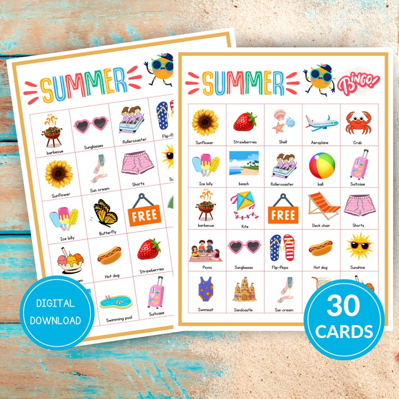 30 Summer Bingo Cards, Summer Vacation Game, Printable Bingo Game ...