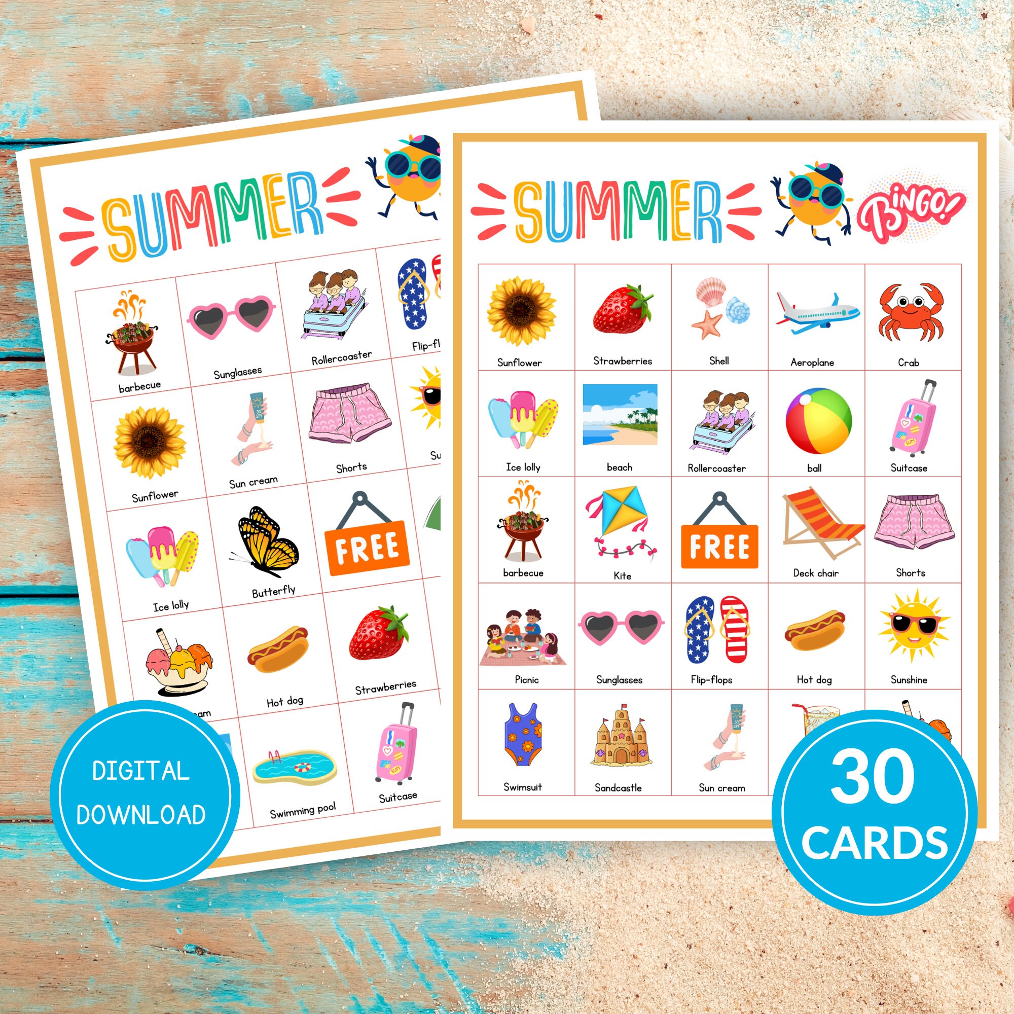 Summer Bingo Game: 30 Printable Cards, Vacation Theme (digital Download ...