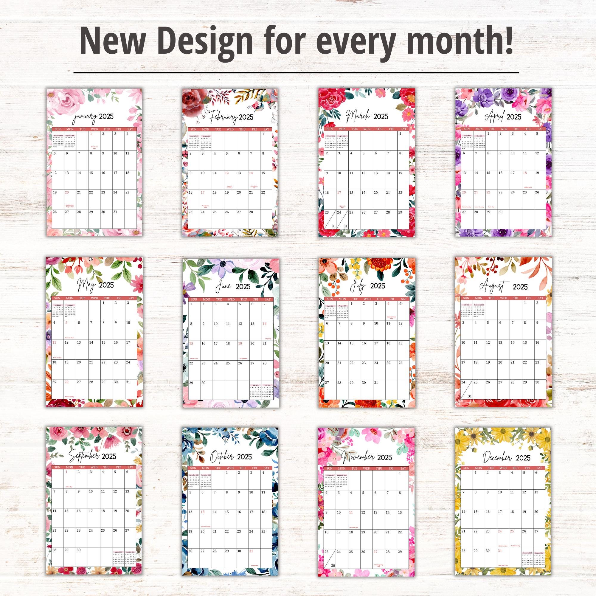 2025 Floral Watercolor Mini Calendar: Printable Desk & Wall Planner - Etsy