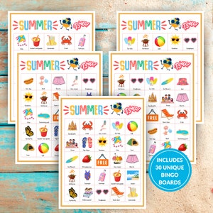 30 Summer Bingo Cards, Summer Vacation Game, Printable Bingo Game ...