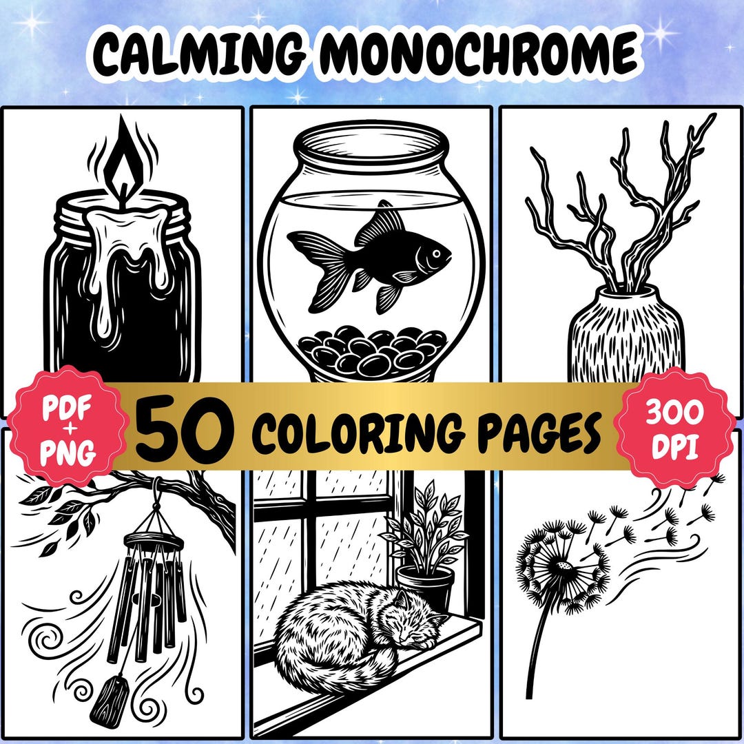 Monochrome Coloring Pages: One Color Calming, Relaxation, Printable ...