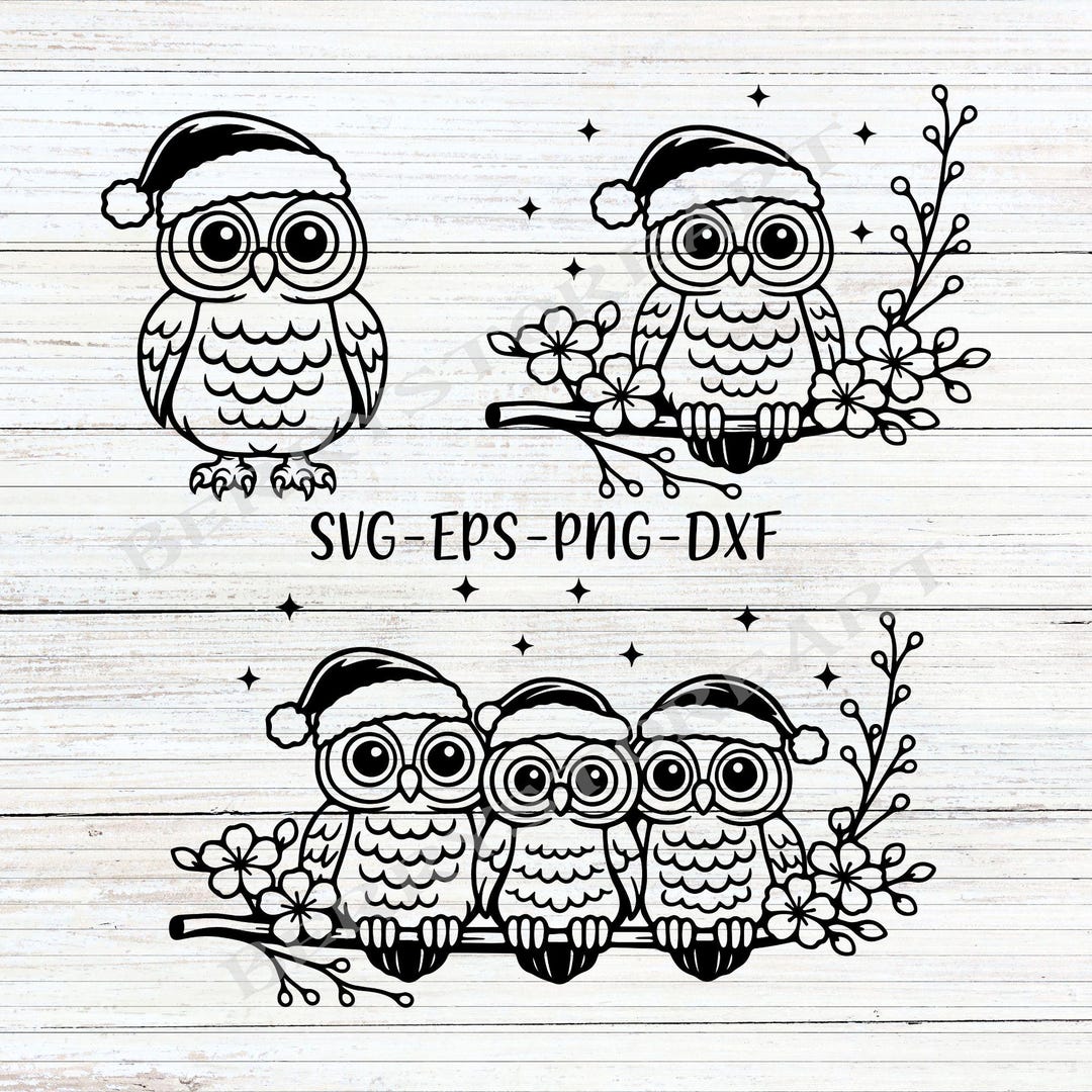Christmas Owl Svg Png: Line Art Bird, Holiday Craft Design (digital ...