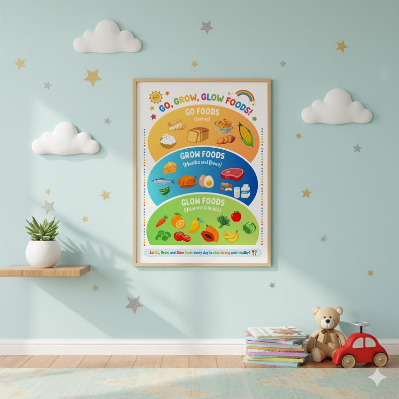 Printable Colorful Nutrition Wall Art, Kids Educational Poster, Go Grow ...