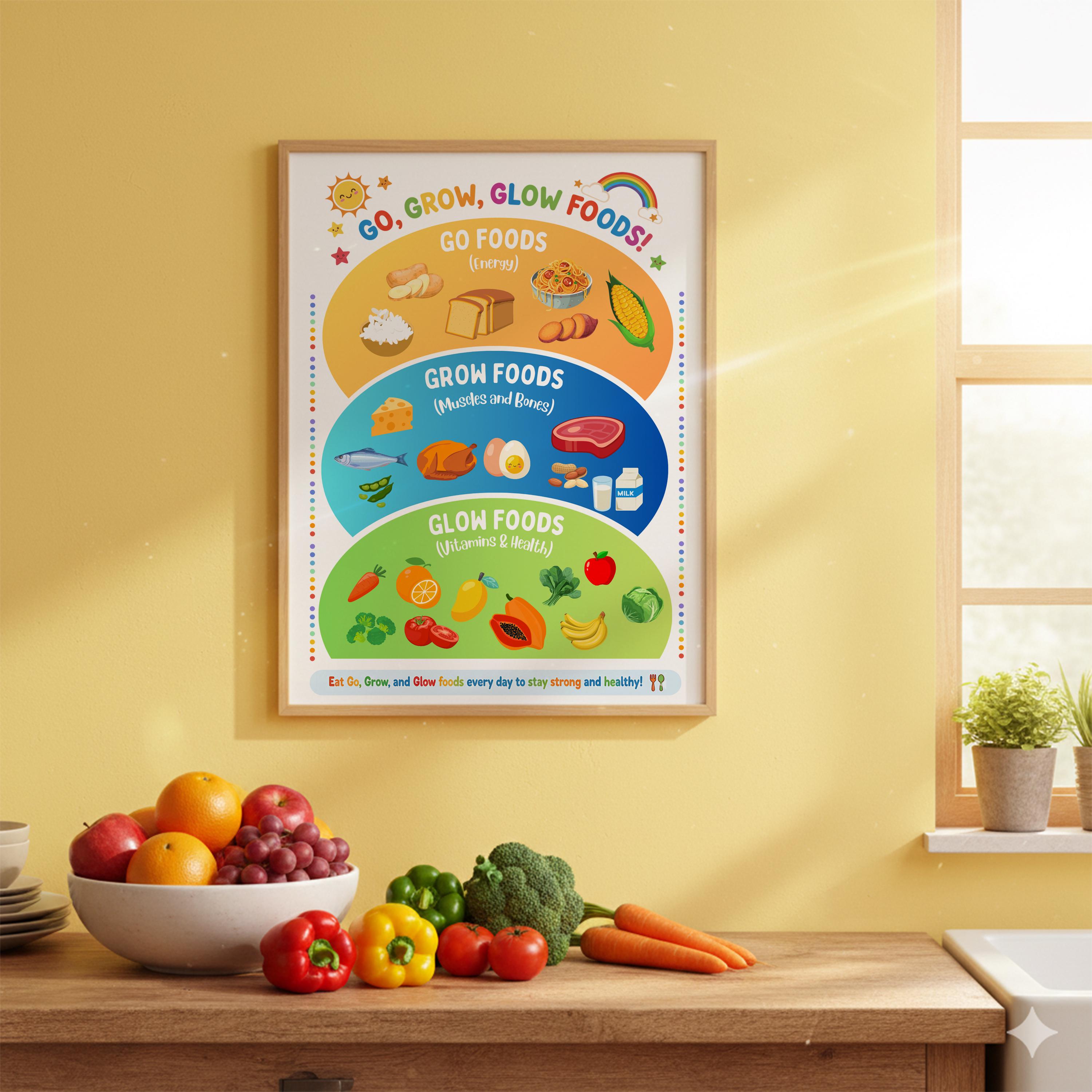 Printable Colorful Nutrition Wall Art, Kids Educational Poster, Go Grow ...