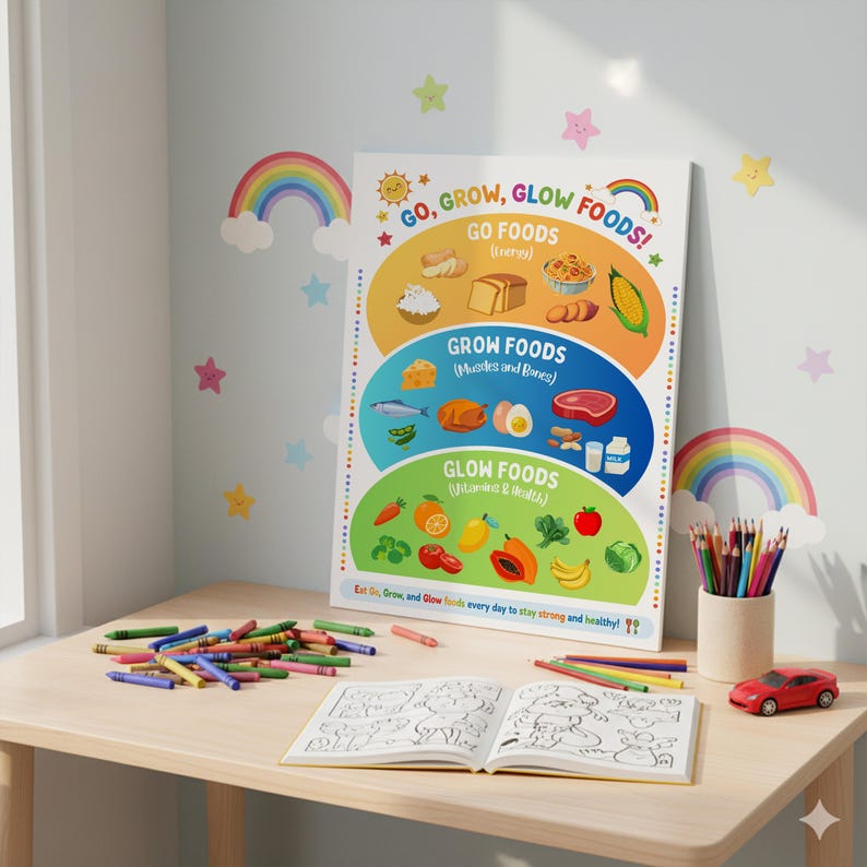 Printable Colorful Nutrition Wall Art, Kids Educational Poster, Go Grow ...