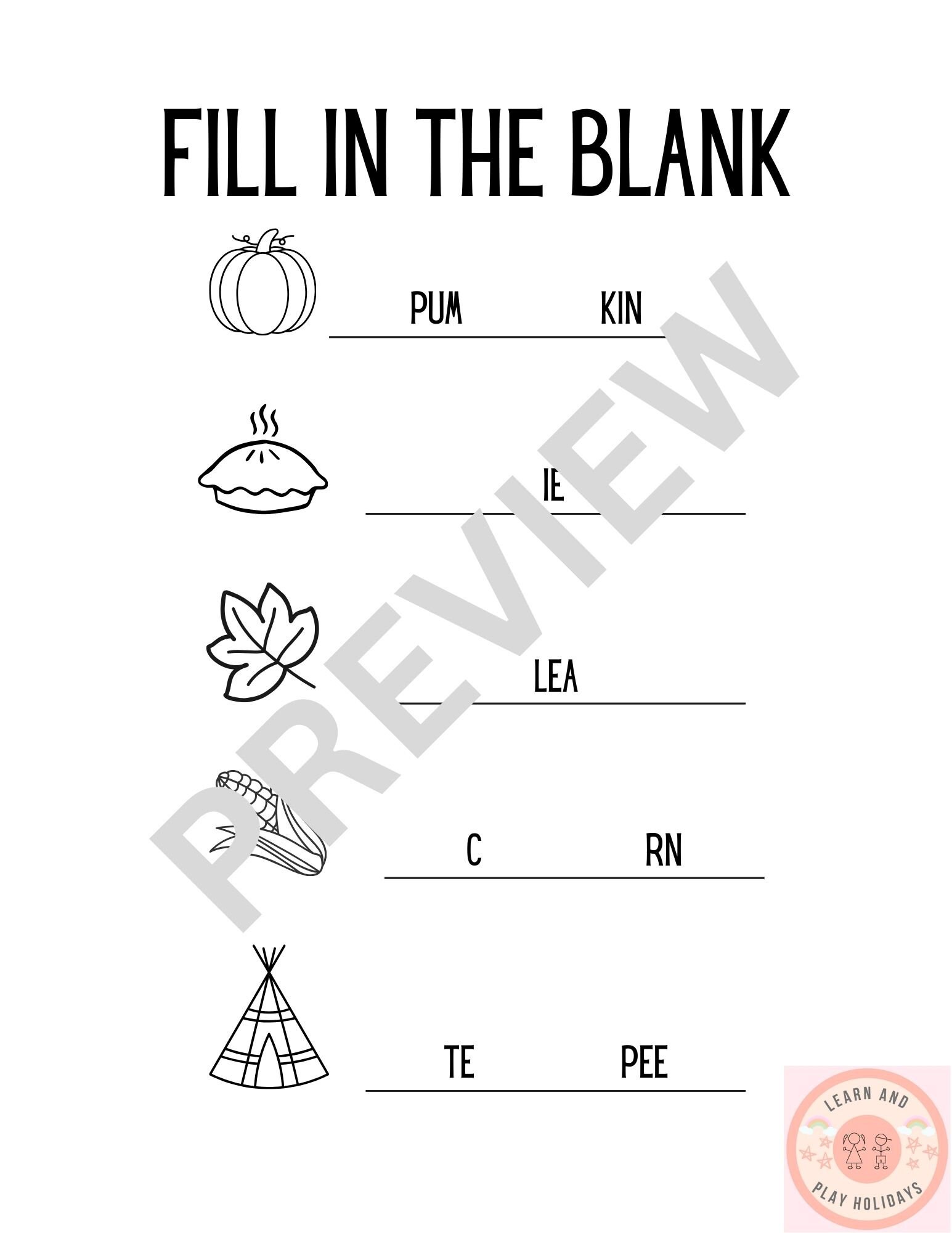 Thanksgiving Fill in the Blank Printable Children's Activity - Etsy