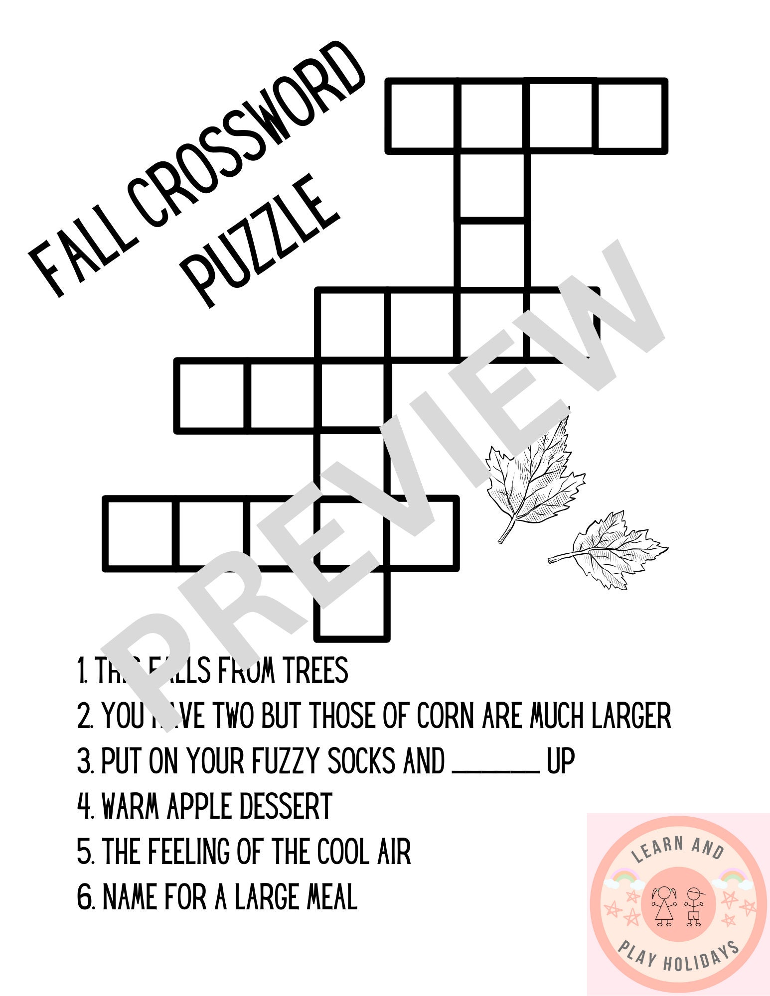 Children's Fall Crossword Puzzle Printable Activity - Etsy