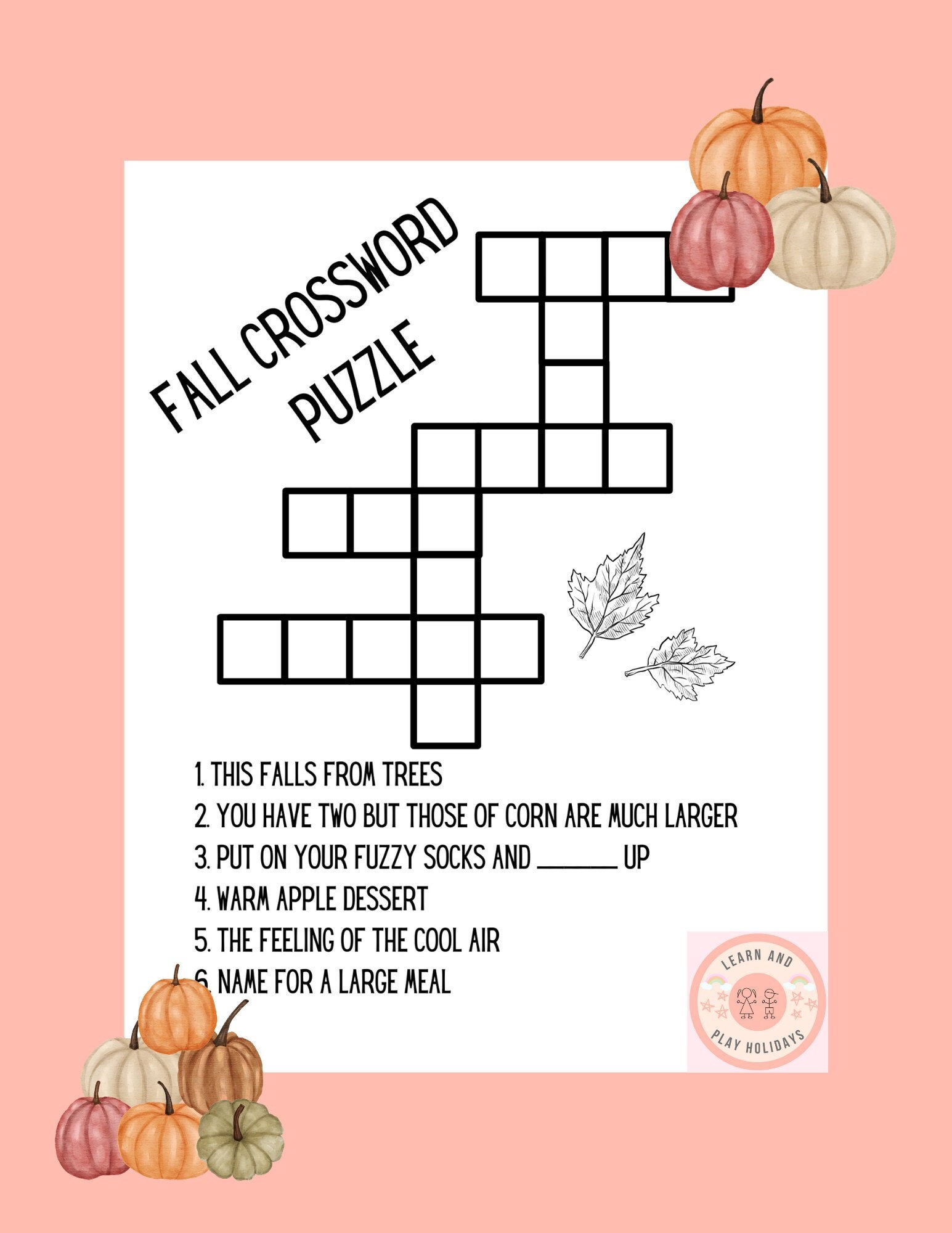 Children's Fall Crossword Puzzle Printable Activity - Etsy