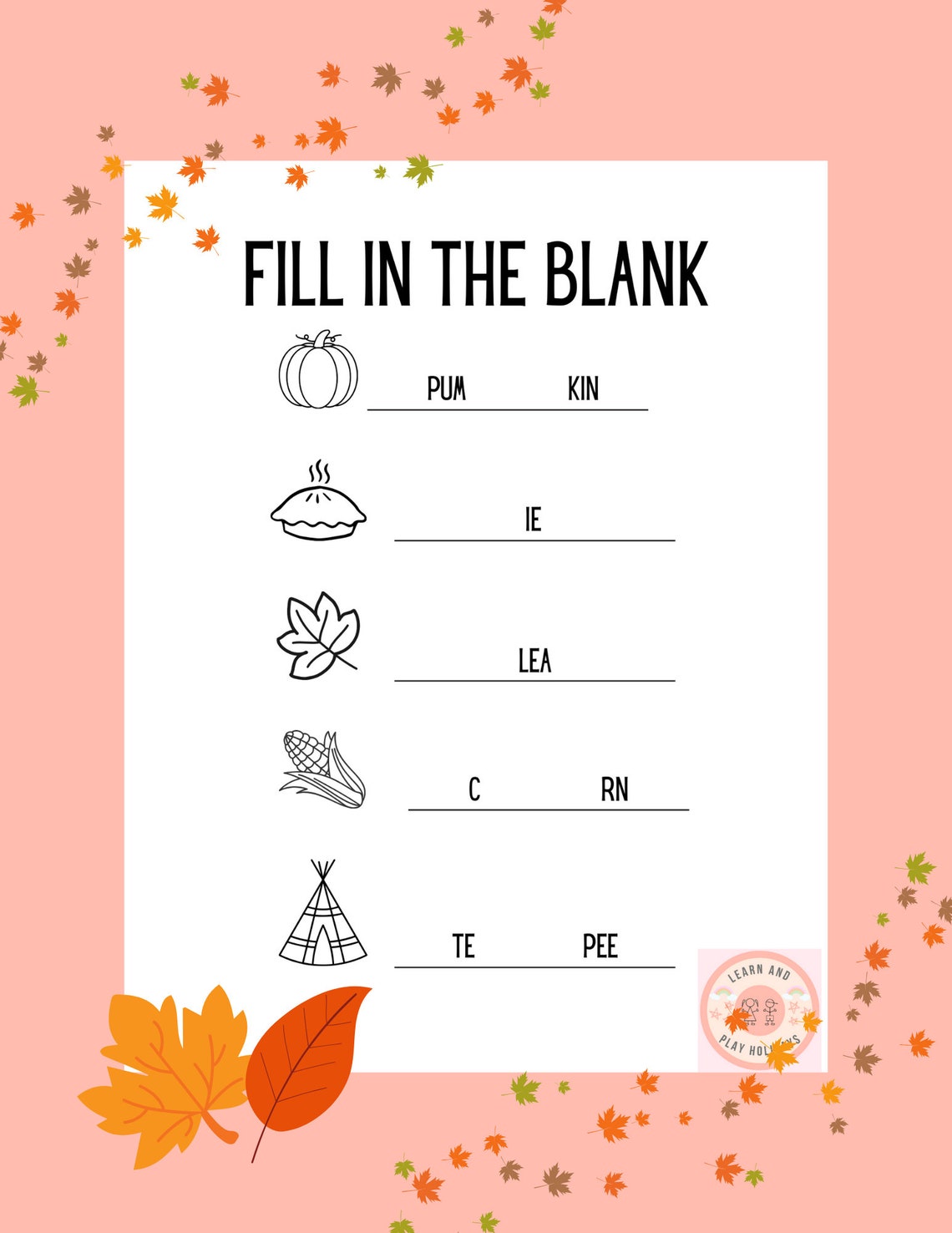 Thanksgiving Fill in the Blank Printable Children's Activity - Etsy