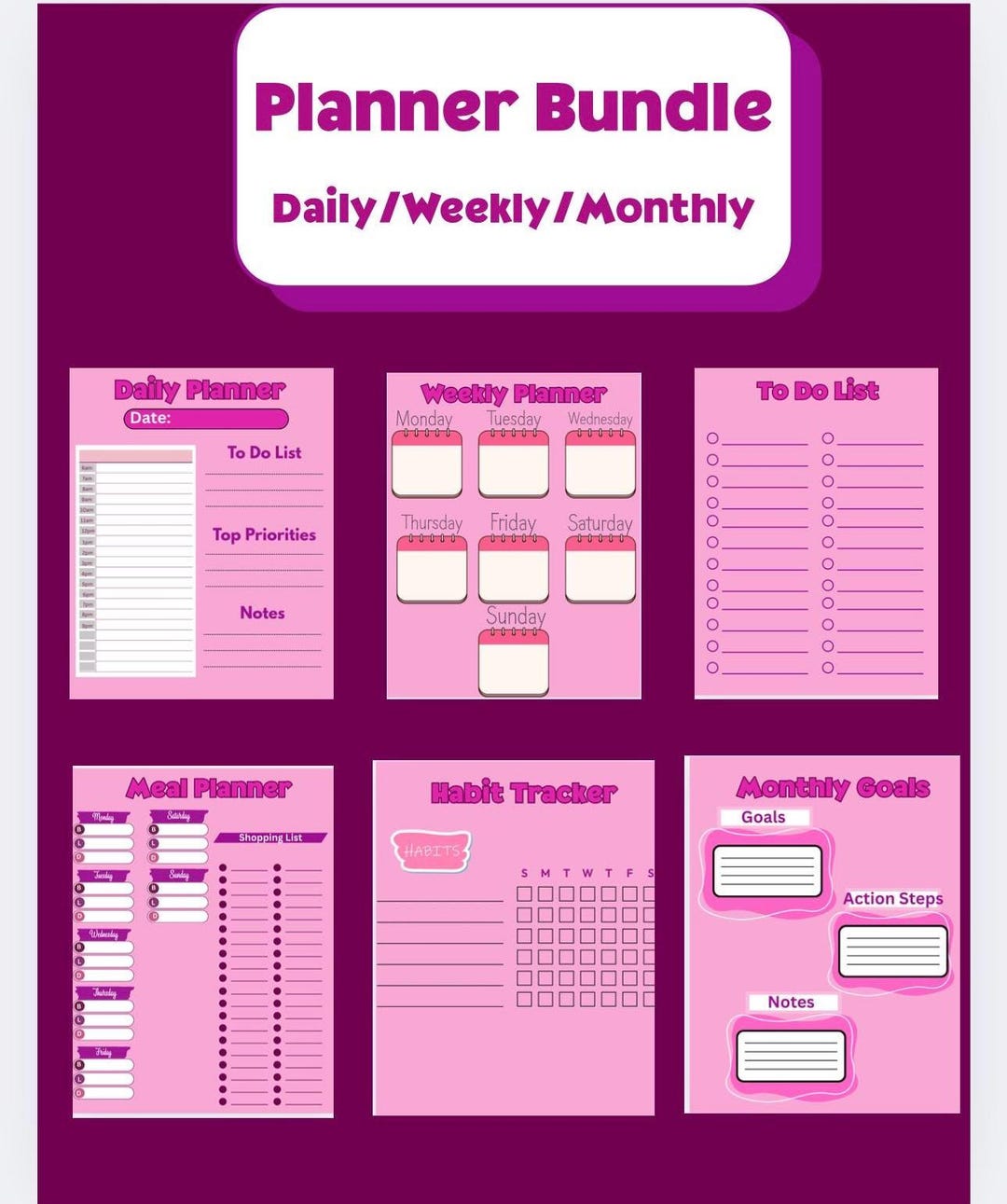 7-page Printable Planner Bundle for Women | Daily, Weekly, Meal, Habit ...