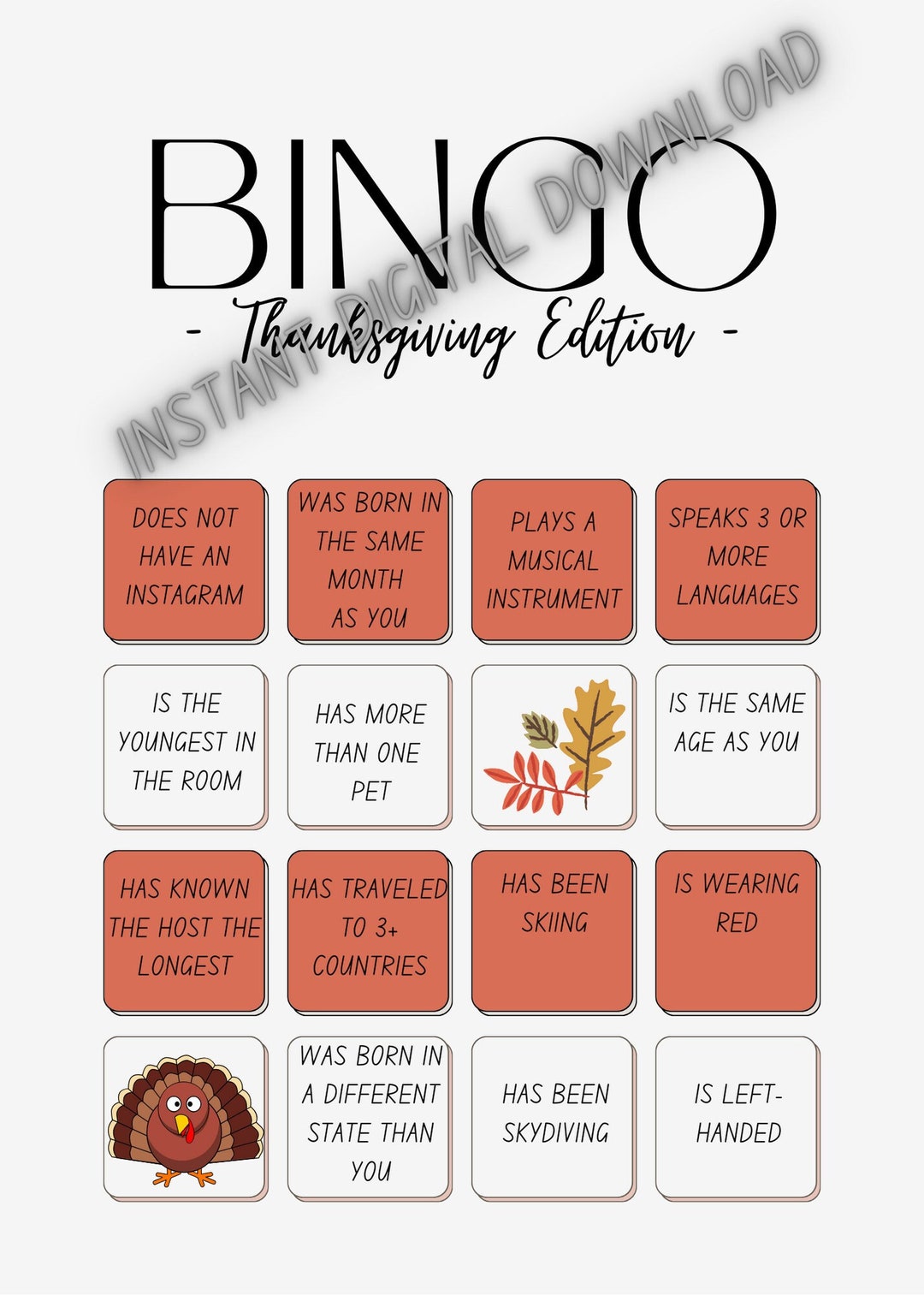 Thanksgiving | Bingo | Holiday | Turkey | Leaves | Icebreaker | Fall ...