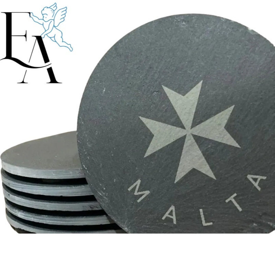 Maltese Slate Coaster | Black Round Linea Slate Coasters (4 or 6 Pack ...