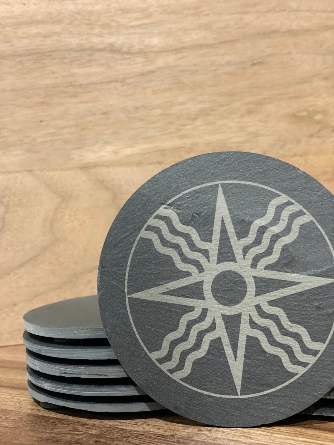 Assyrian Slate Coaster Black Round Linea Slate Coasters 4 - Etsy