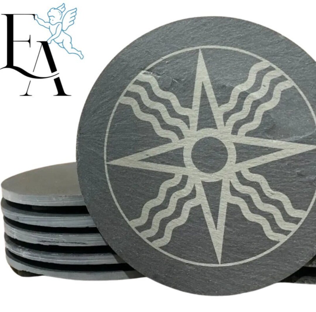 Assyrian Slate Coaster | Black Round Linea Slate Coasters (4 or 6 Pack ...