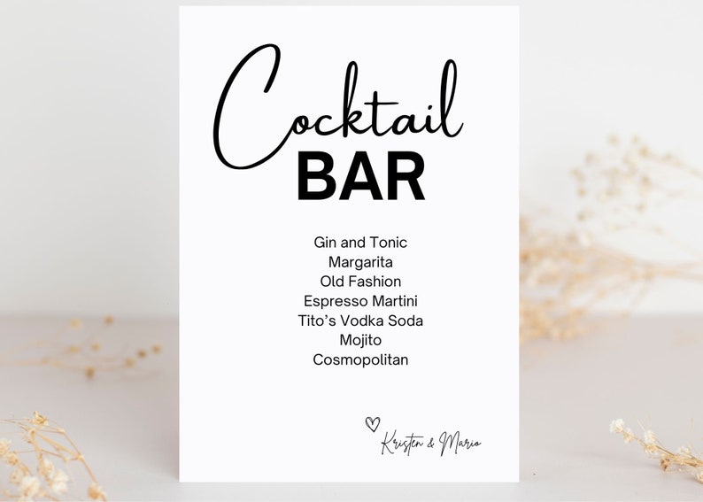 Cocktail Bar Menu Sign, Digital Download Template, Wedding Signature ...