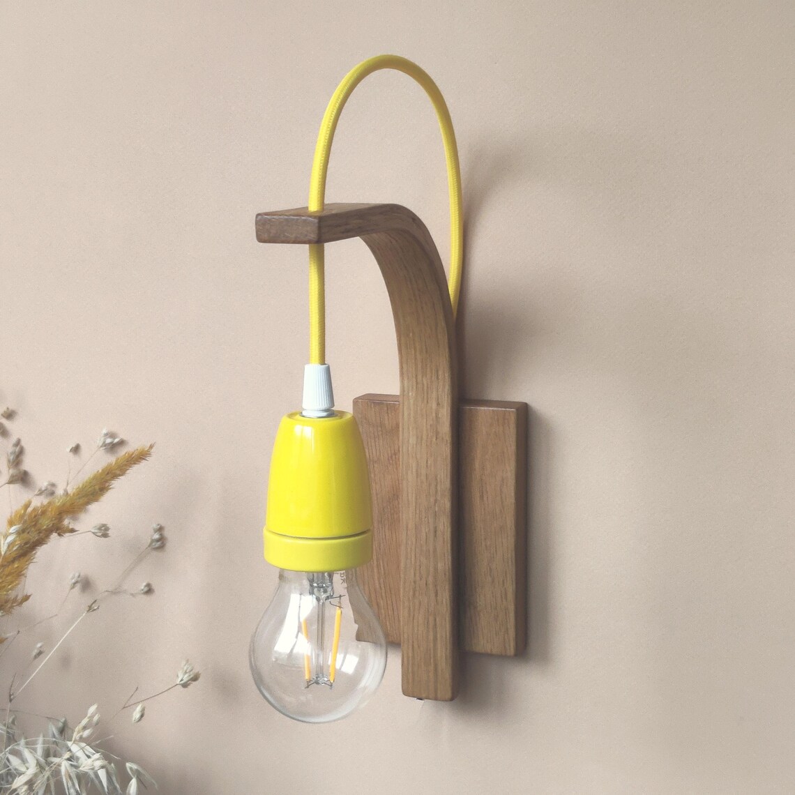 A Vibrant Yellow Plug-in/hardwired Oak Wall Sconce, A Funky Interior ...