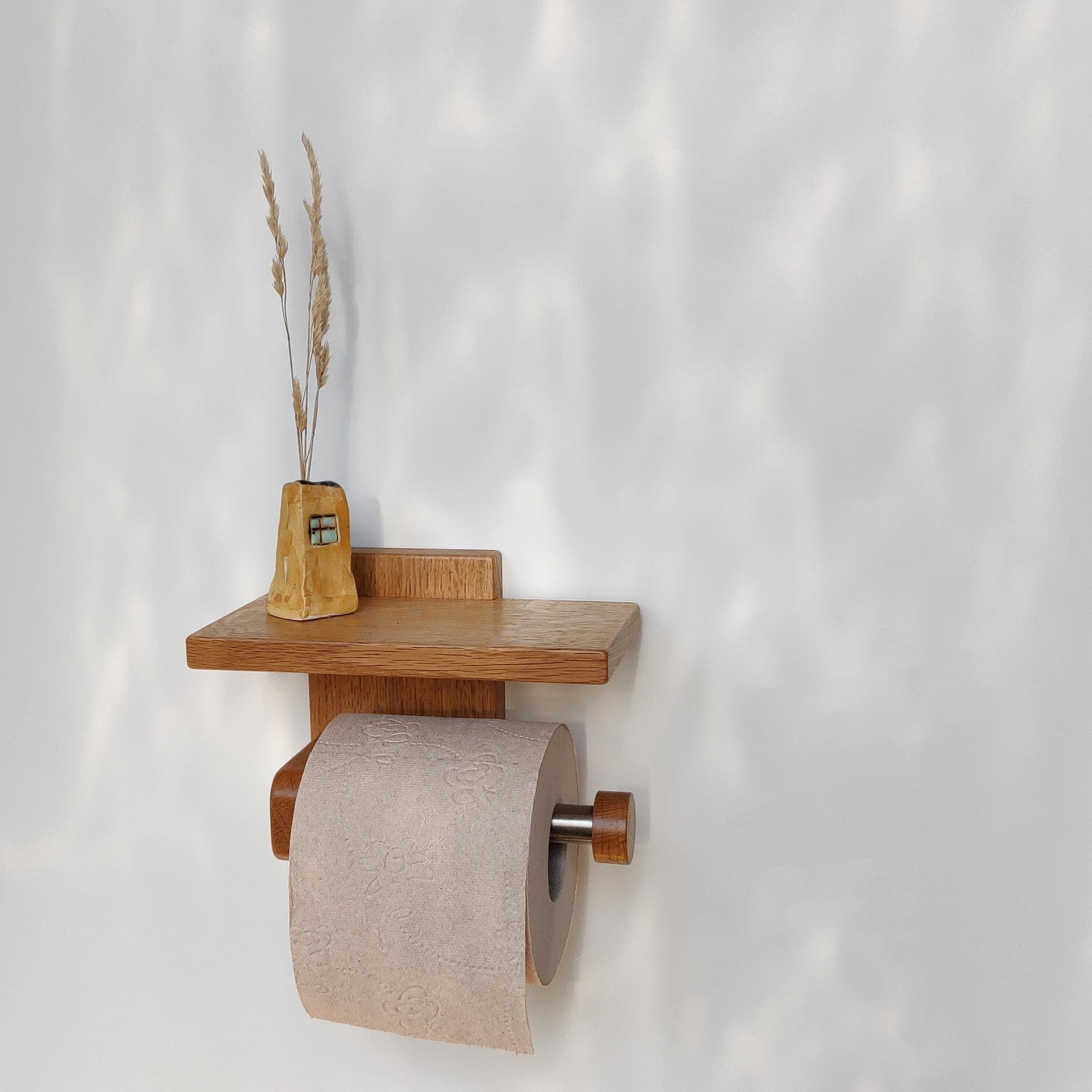 Solid Oak Wood Toilet Roll Holder With Shelf, Wooden Toilet Paper ...