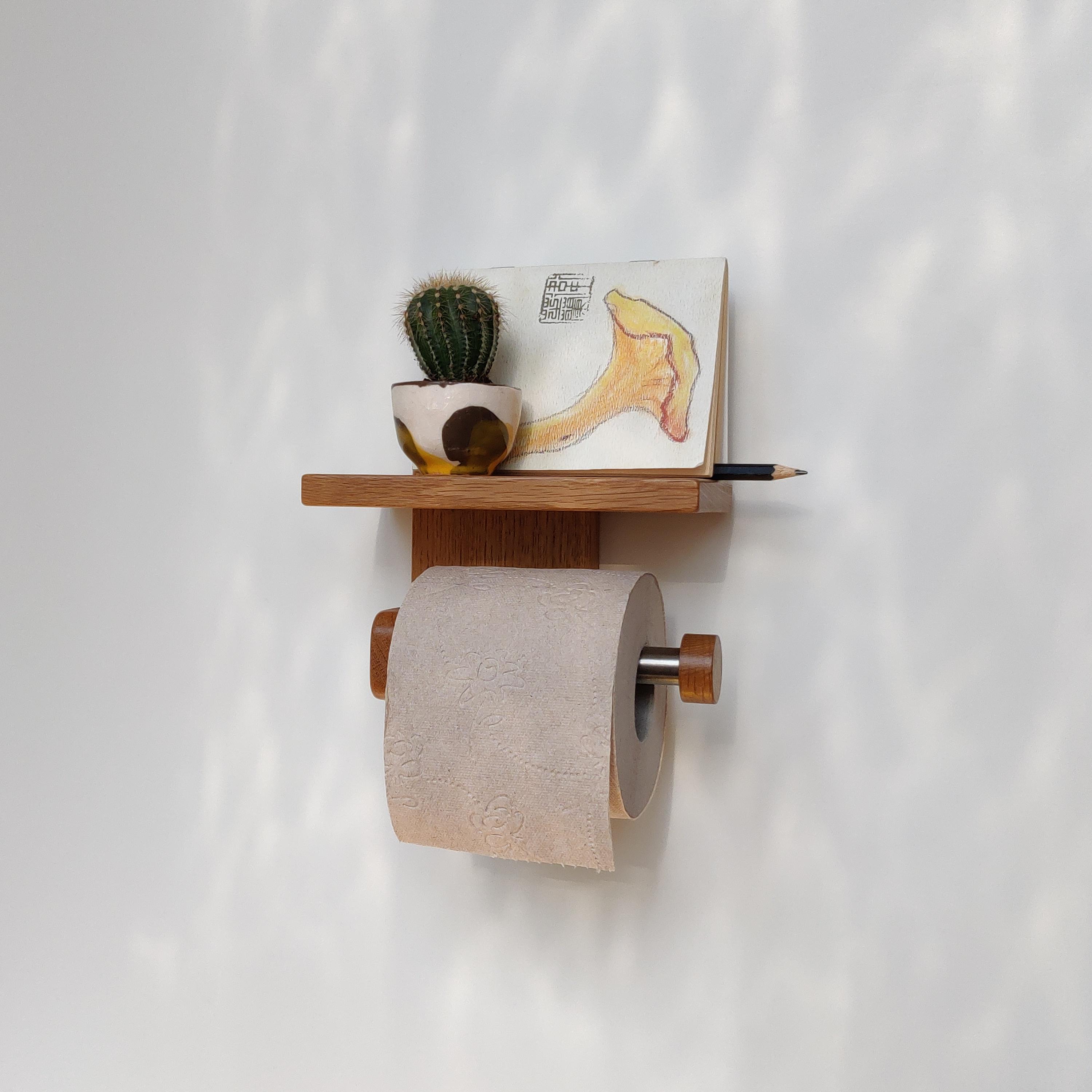 Solid Oak Wood Toilet Roll Holder With Shelf, Wooden Toilet Paper ...