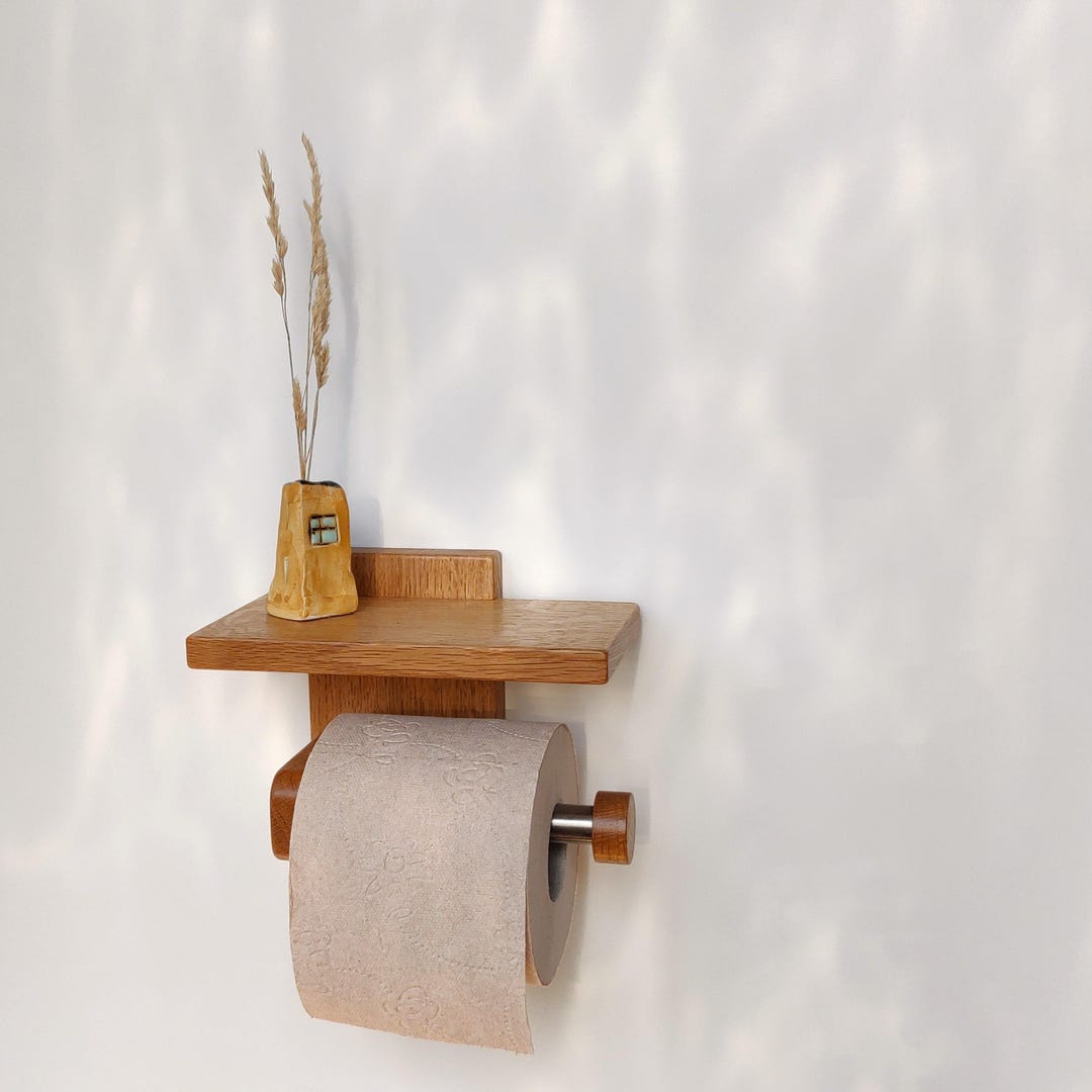 Solid Oak Wood Toilet Roll Holder With Shelf, Wooden Toilet Paper ...
