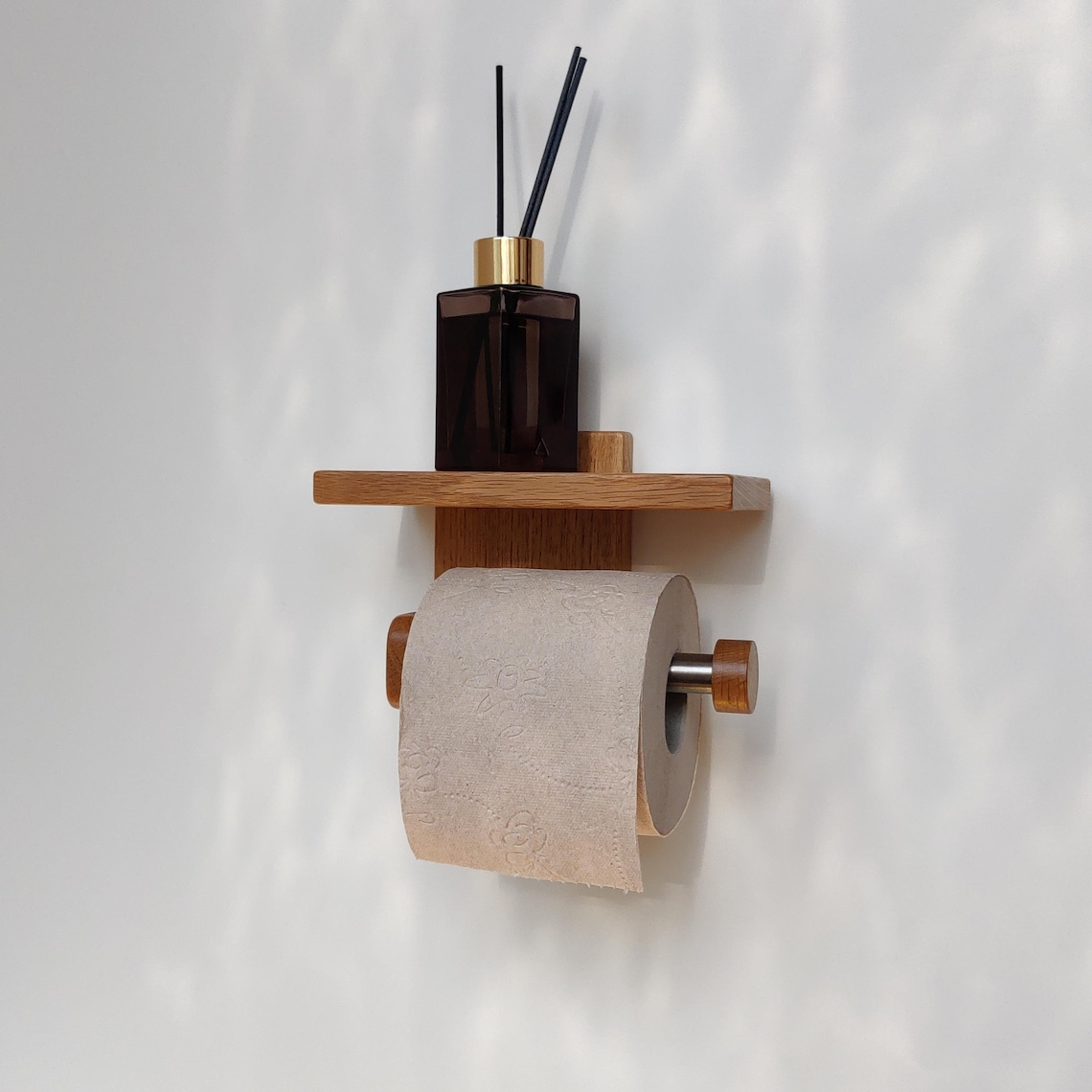 Solid Oak Wood Toilet Roll Holder With Shelf, Wooden Toilet Paper ...