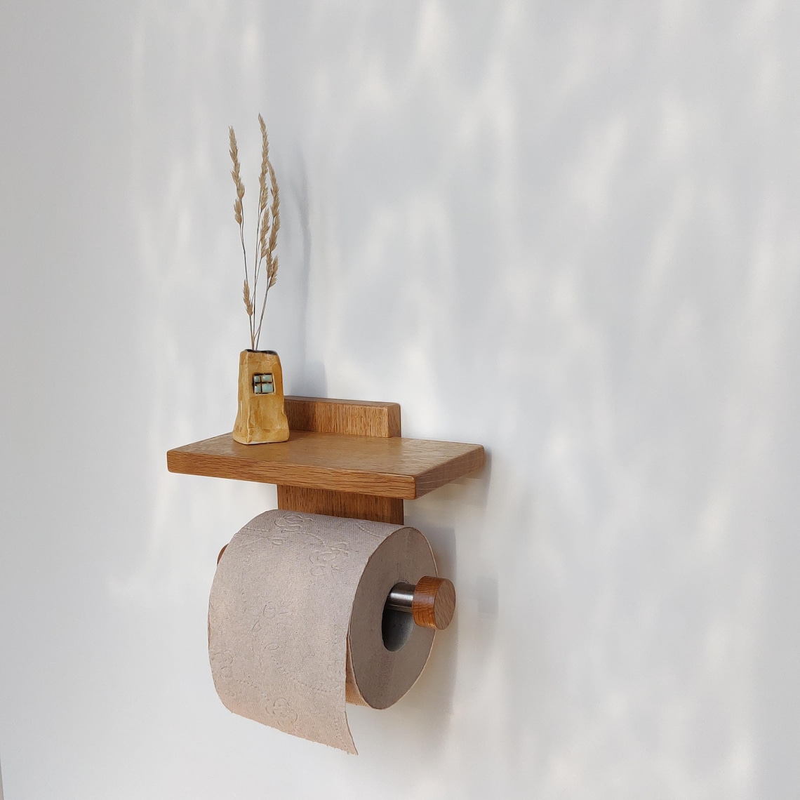 Solid Oak Wood Toilet Roll Holder With Shelf, Wooden Toilet Paper ...