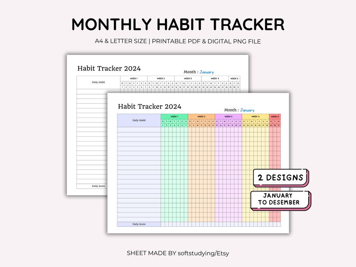 Habit Tracker, Monthly Habit Tracker, January to December, Planner 2024 ...