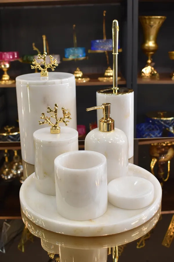 Natural Marble Bathroom Set, 7 Pieces, White-gold Marble Bath Set, Home ...