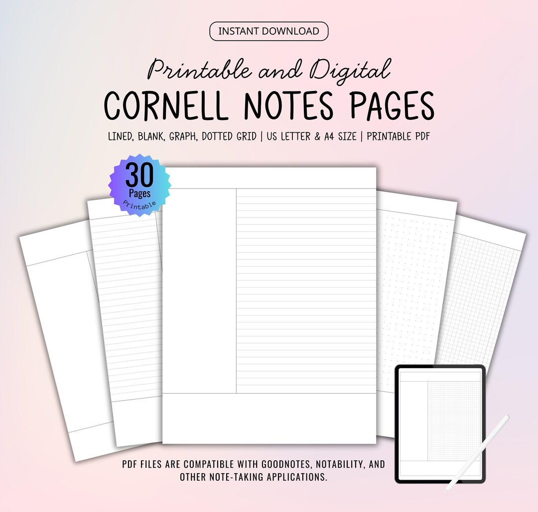 Printable Cornell Notes Templates: Lined, Graph, Blank, Dotted (digital ...
