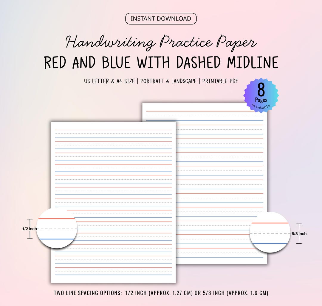 Kindergarten Lined Handwriting Practice Paper: Dashed Midline, A4 & US ...
