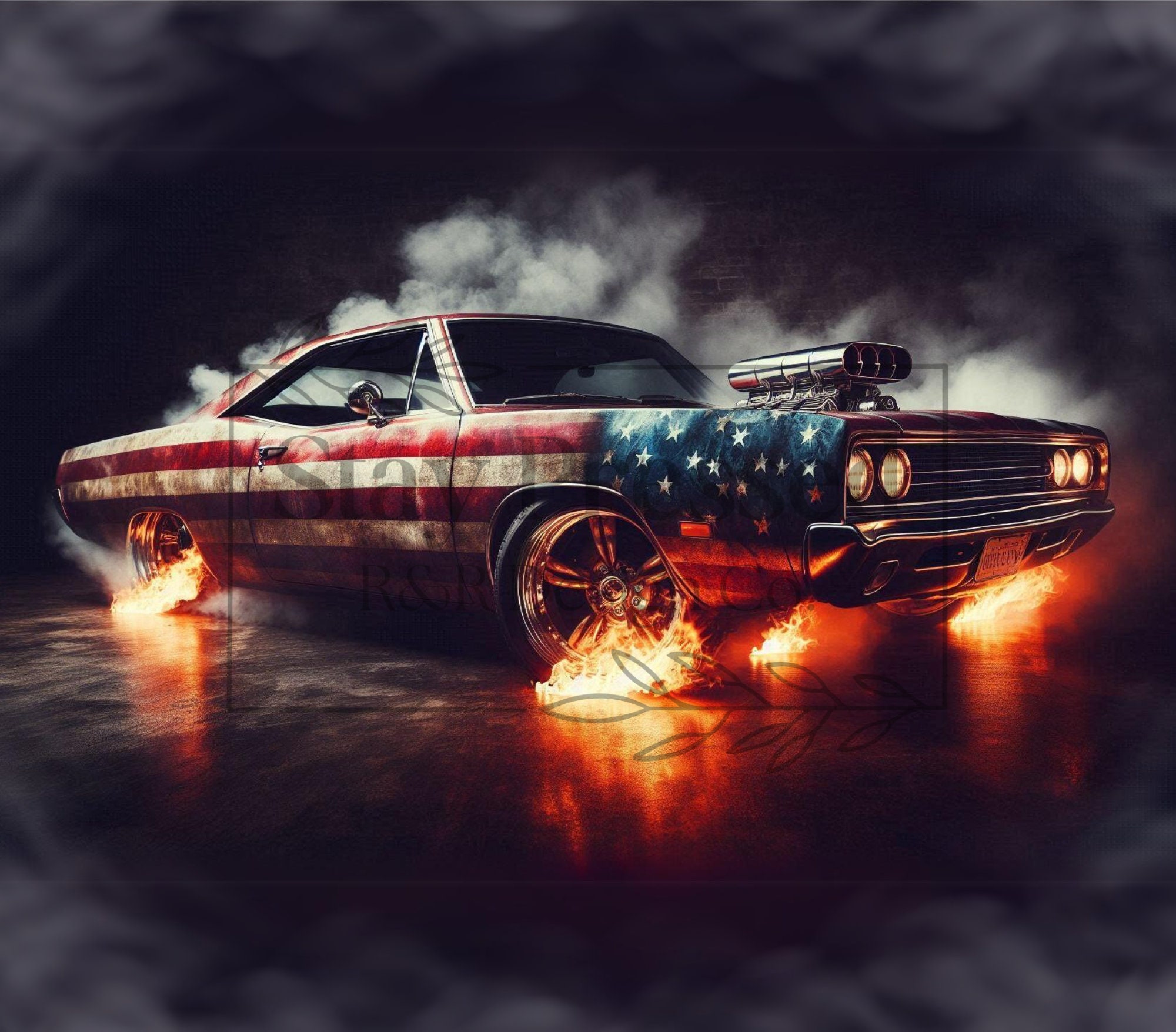 American Flag Muscle Car Flames Vintage Antique PNG IMG Digital ...