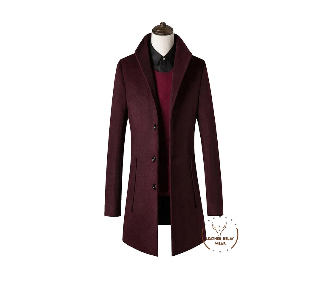 Men's Maroon Trench Coat, Men's Wool Overcoat, Vintage Trench Overcoat ...