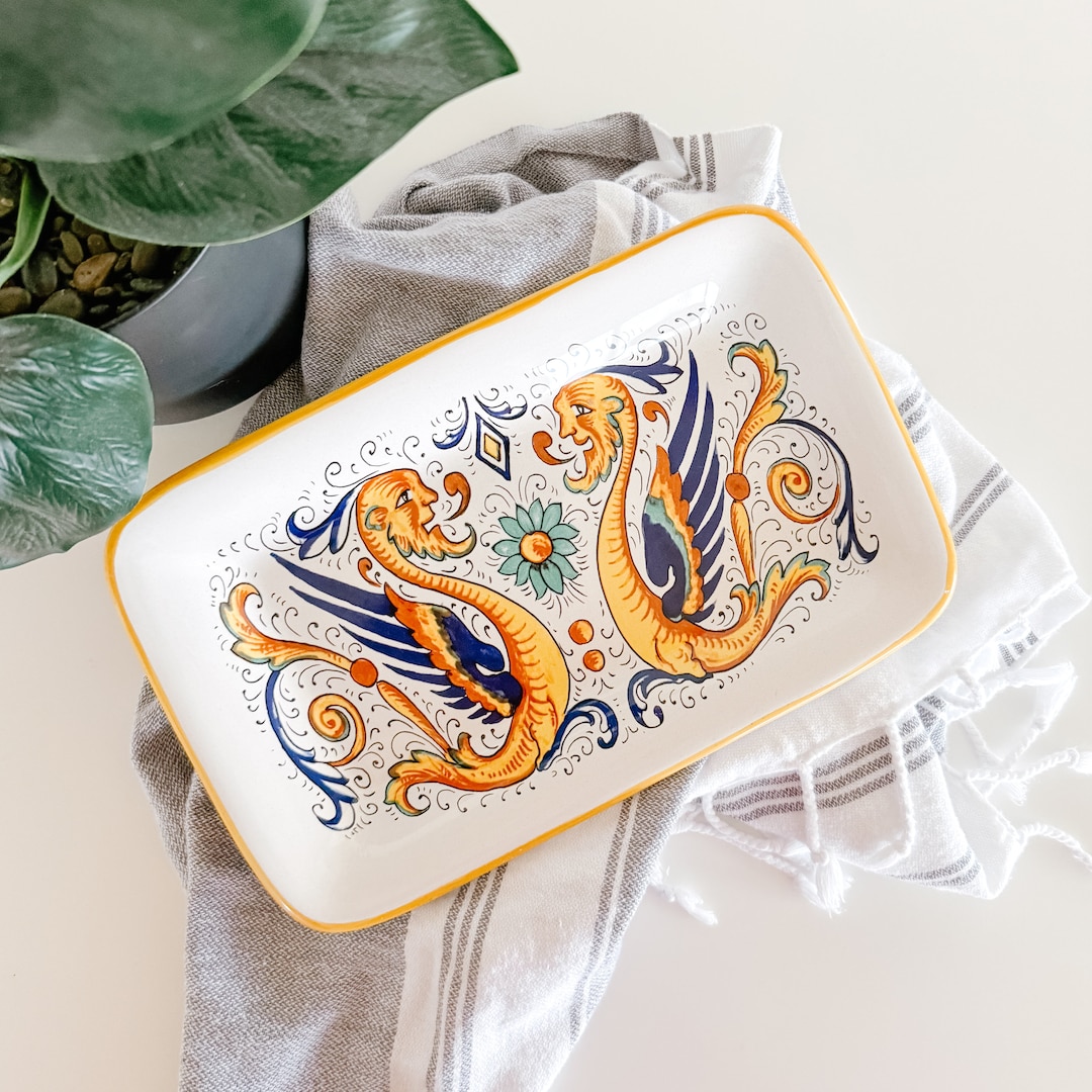 Nova Deruta Raffaellesco Colorful Dragon Plate Rectangle Ceramic Made ...