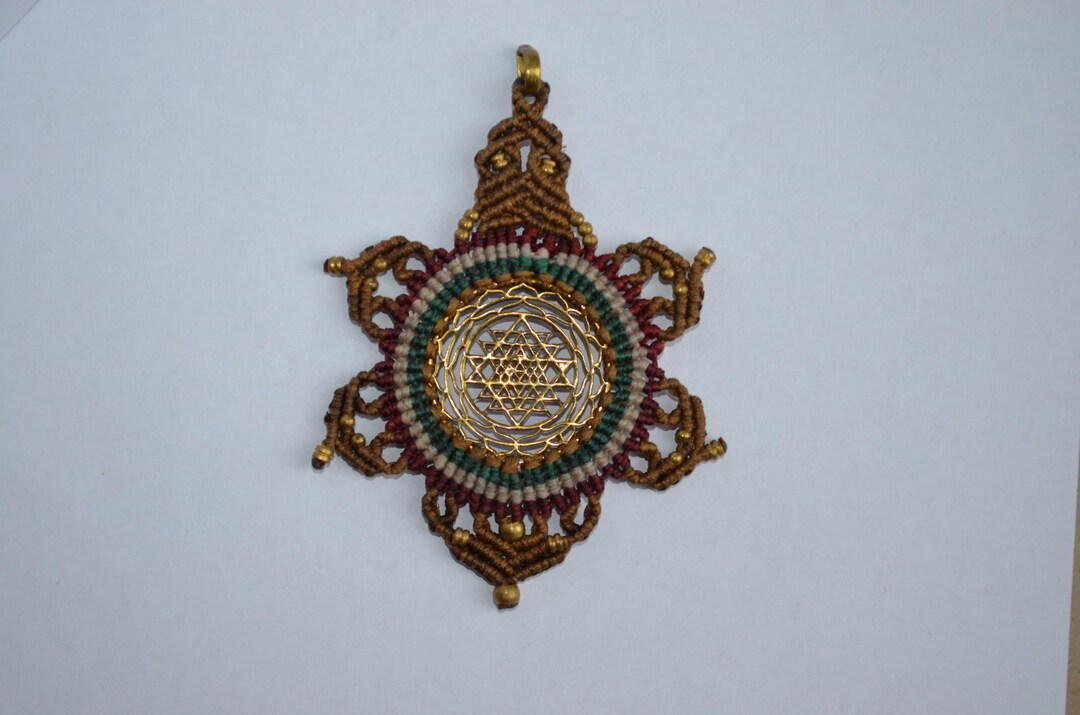 Macrame Pendant With Sri Yantra Symbol – Woven Waxed Thread Amulet ...