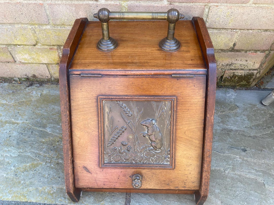 Late Victorian Arts and Crafts Oak Coal Scuttle With Brass Mouse Panel ...