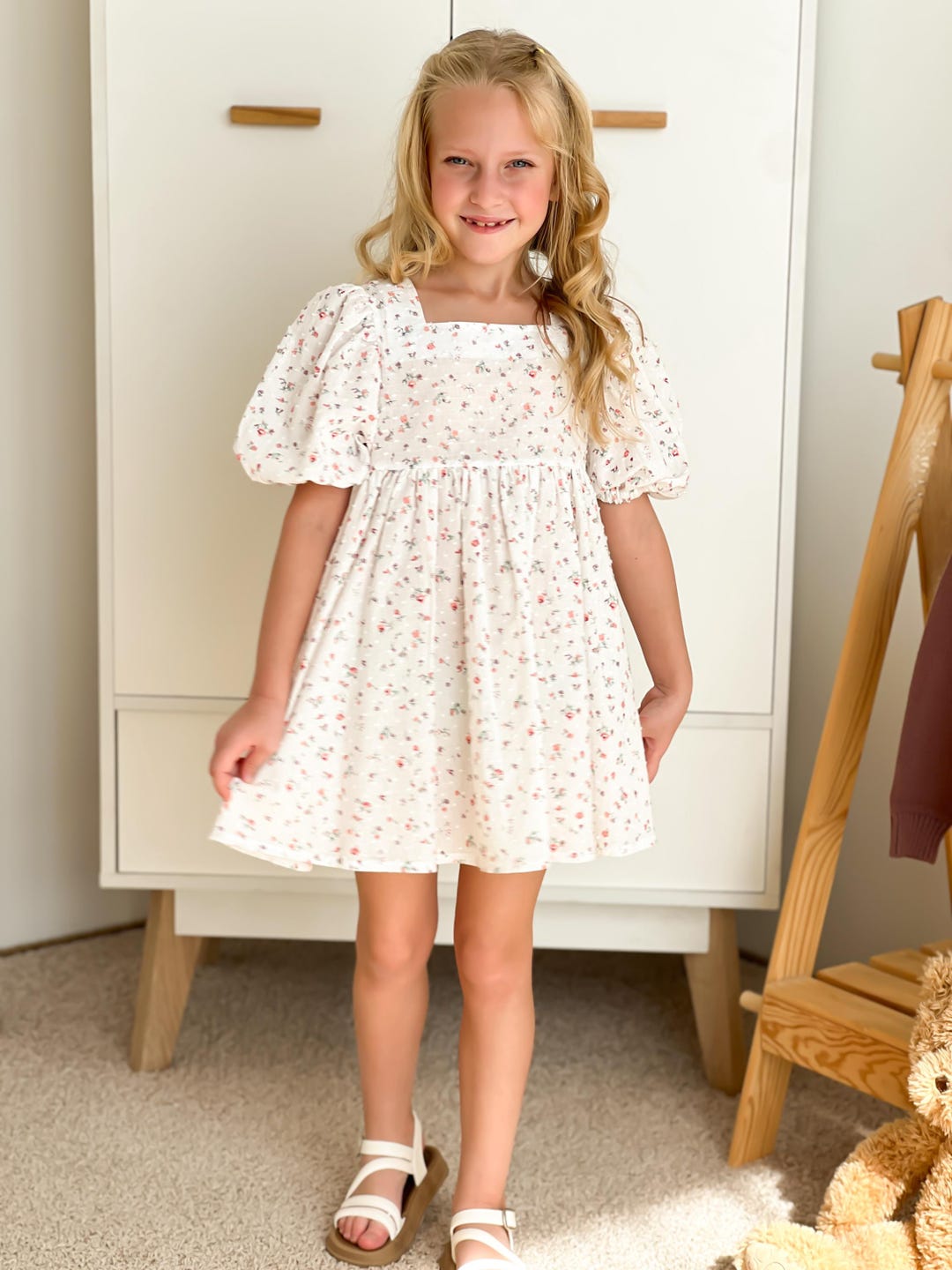 Girls PDF Sewing Pattern | High Waist Dress With Puff Sleeves & Square ...