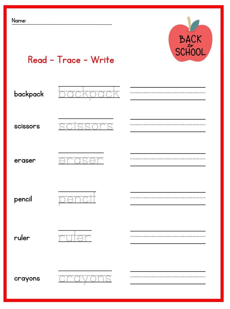 Back to School Read-trace-write Worksheet - Etsy