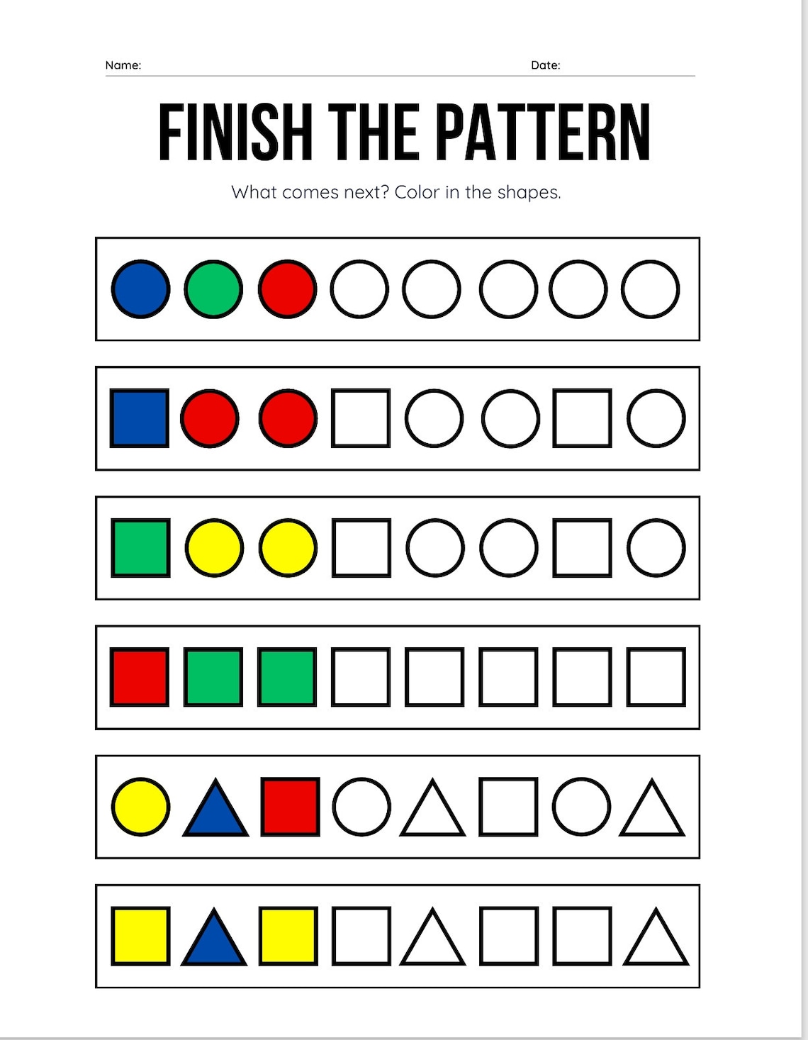 Finish The Pattern Worksheets Etsy