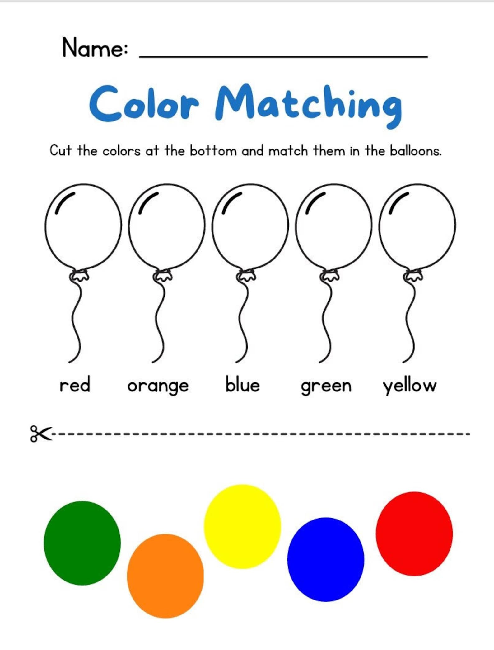 Color Matching Balloons Cut and Paste Worksheets - Etsy
