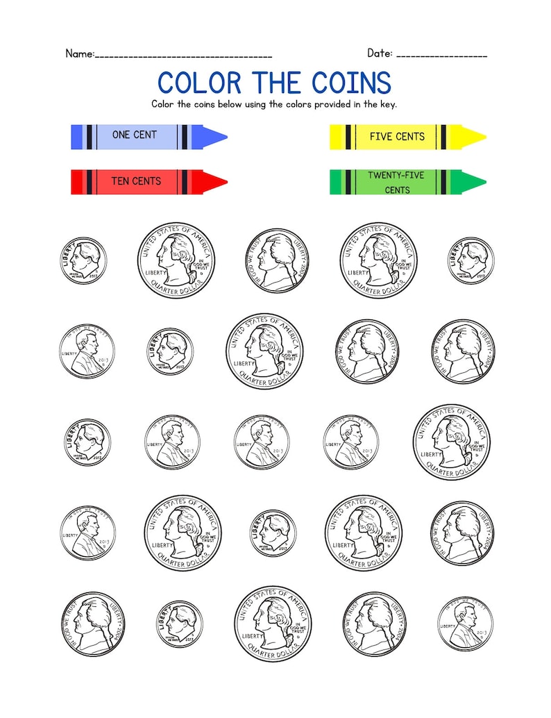 Color the Coins Worksheets - Etsy