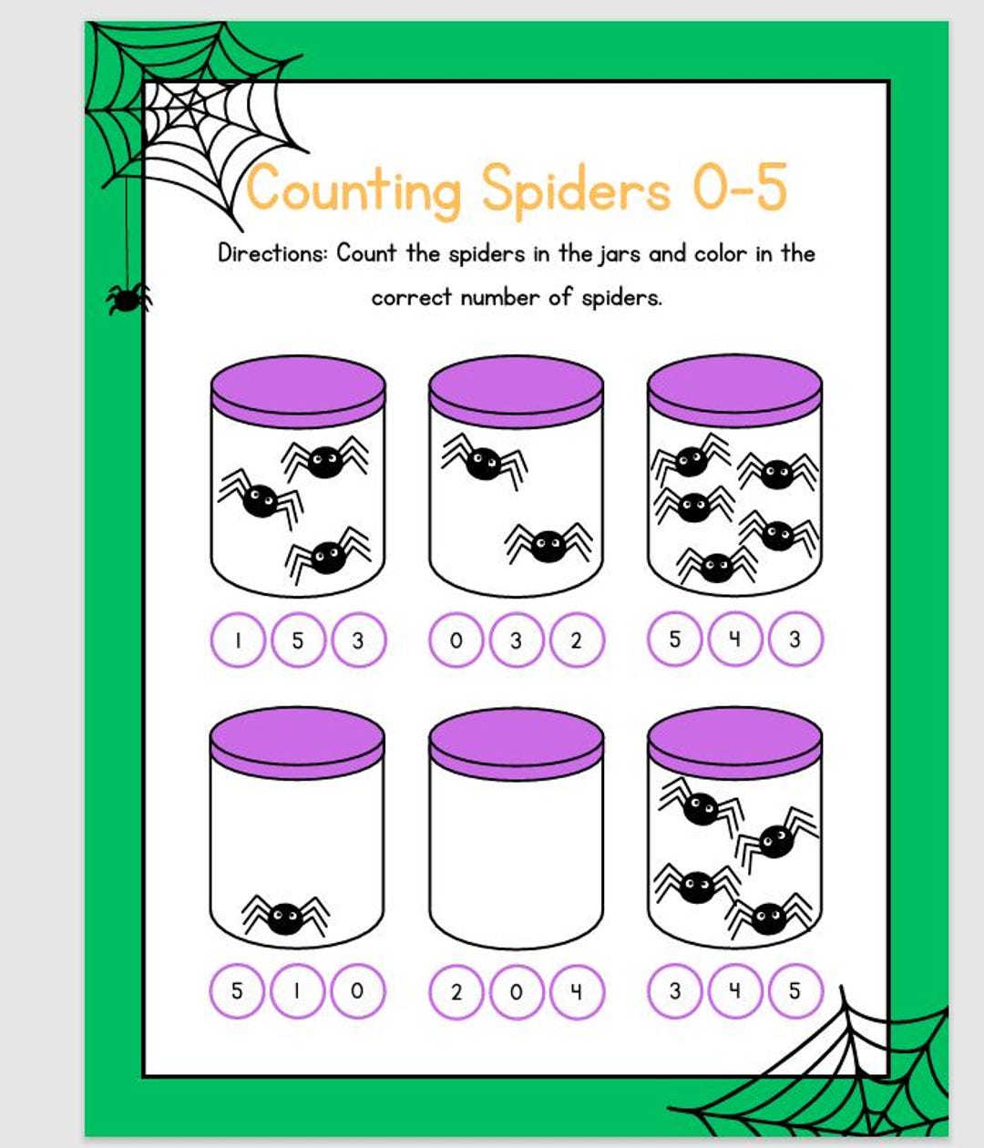 Color and BW Count the Spiders 0-5 Worksheets - Etsy UK
