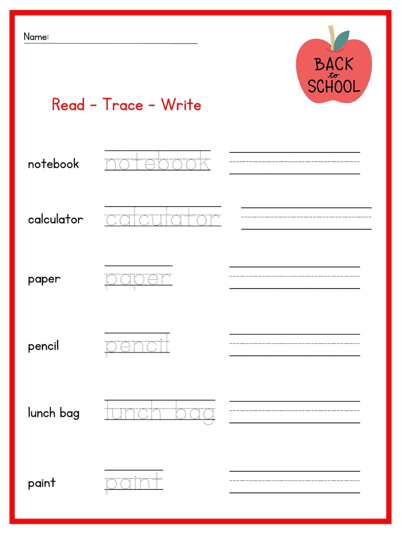 Back to School Read-trace-write Worksheet - Etsy