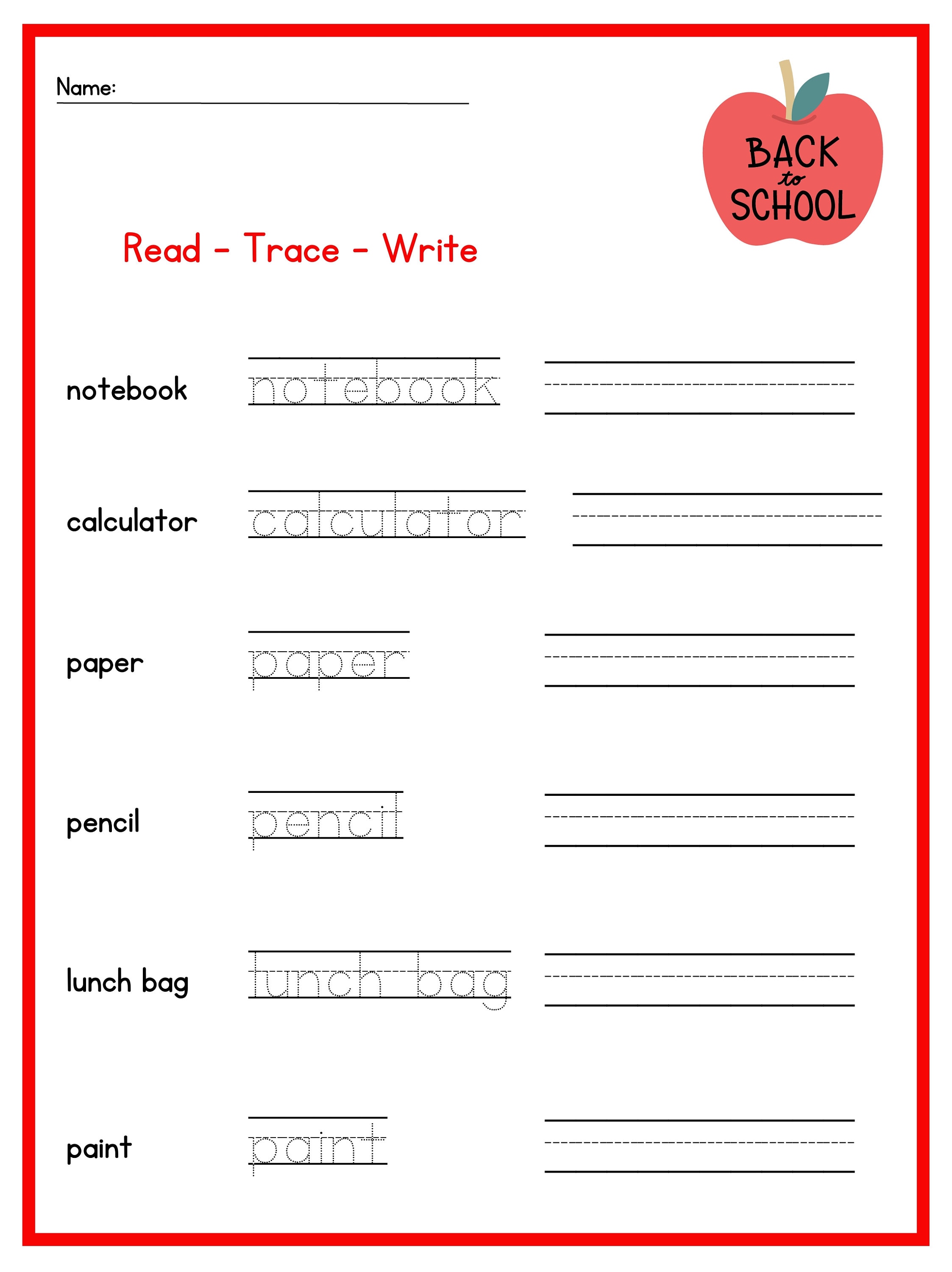 Back to School Read-trace-write Worksheet - Etsy
