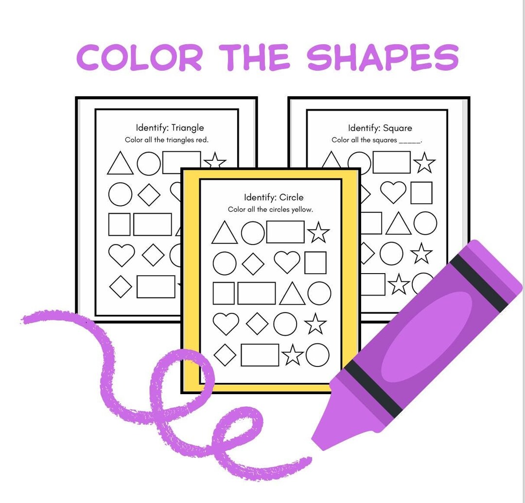 3 Versions Color the Shapes No-prep Worksheets - Etsy