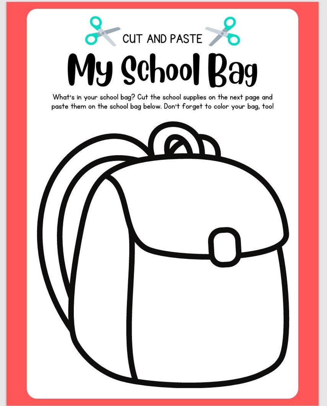 B/W and Color My Backpack Cut and Paste Worksheet - Etsy