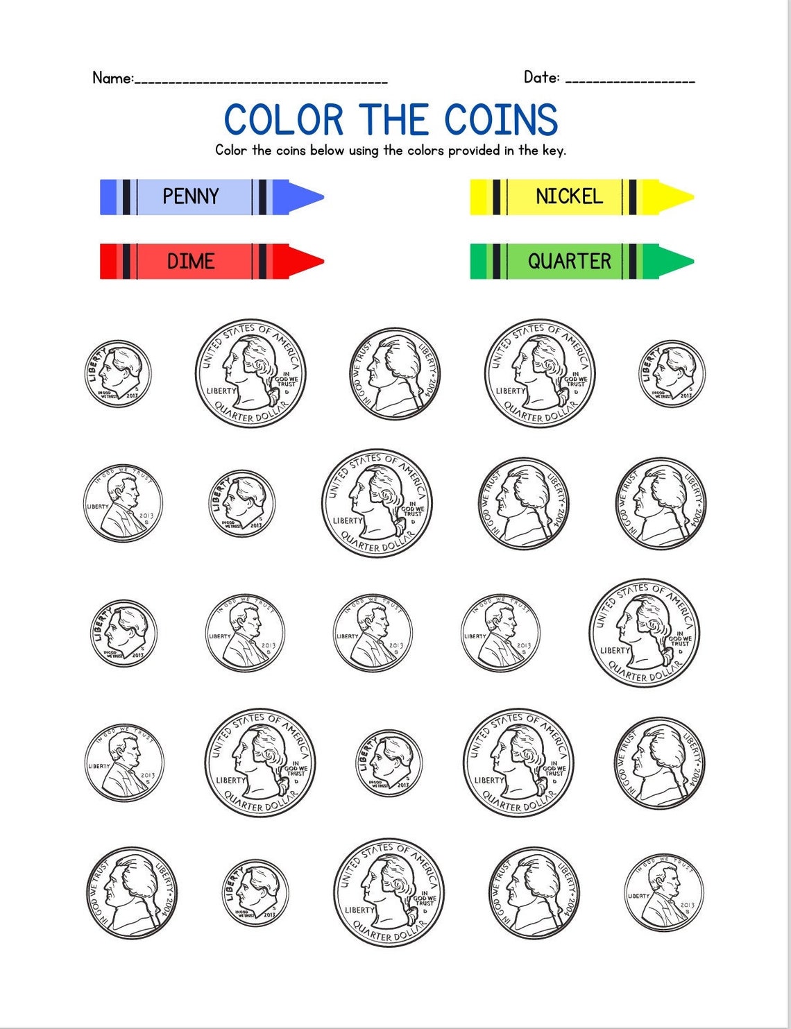 Color the Coins Worksheets - Etsy