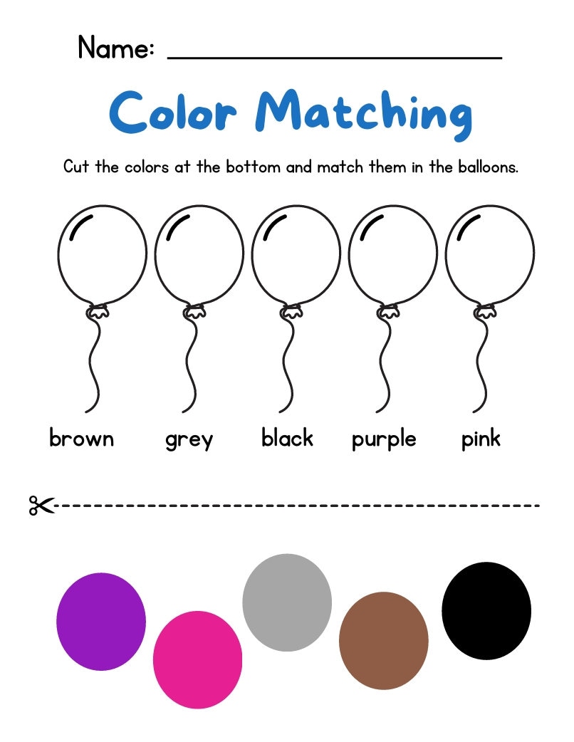 Color Matching Balloons Cut and Paste Worksheets - Etsy