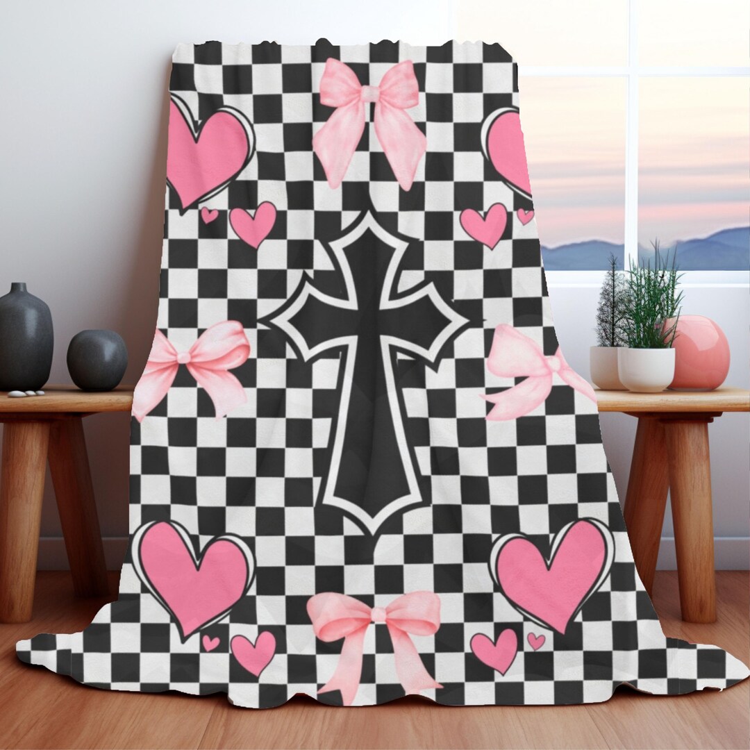 Christian Cross Blanket: Pink Hearts, Bows, Checkered Velveteen Throw ...